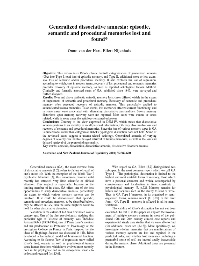 Generalized Dissociative Amnesia Episodic, Semantic and Procedural ...