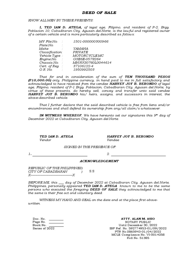 Deed of Sale Motor - Ted Ian Atega - 122447 | PDF | Law And Economics | Environmental Law