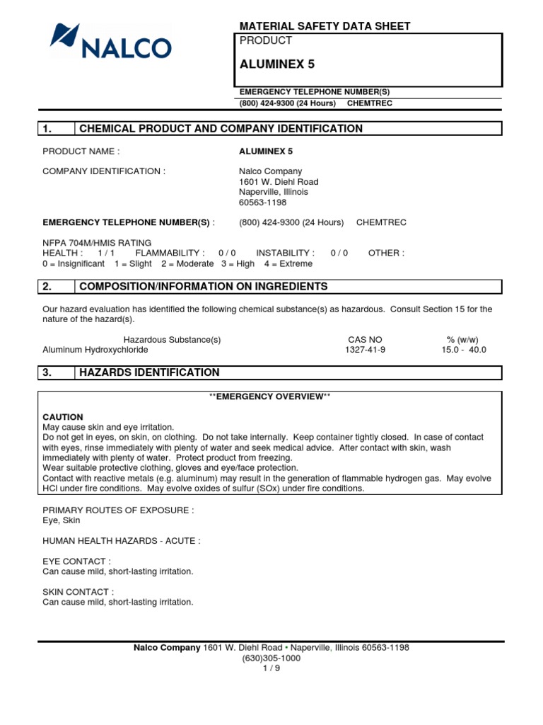 Aluminex 5: Material Safety Data Sheet | PDF | Dangerous Goods ...