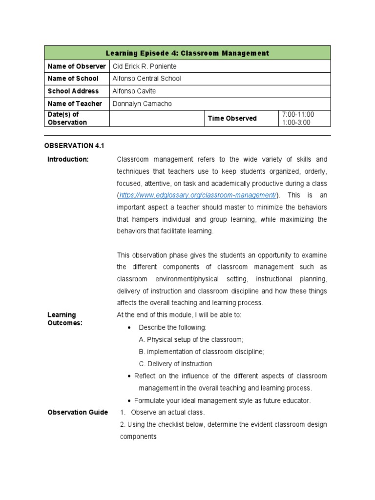 Learning Episode 4 Classroom Management | PDF | Classroom Management ...