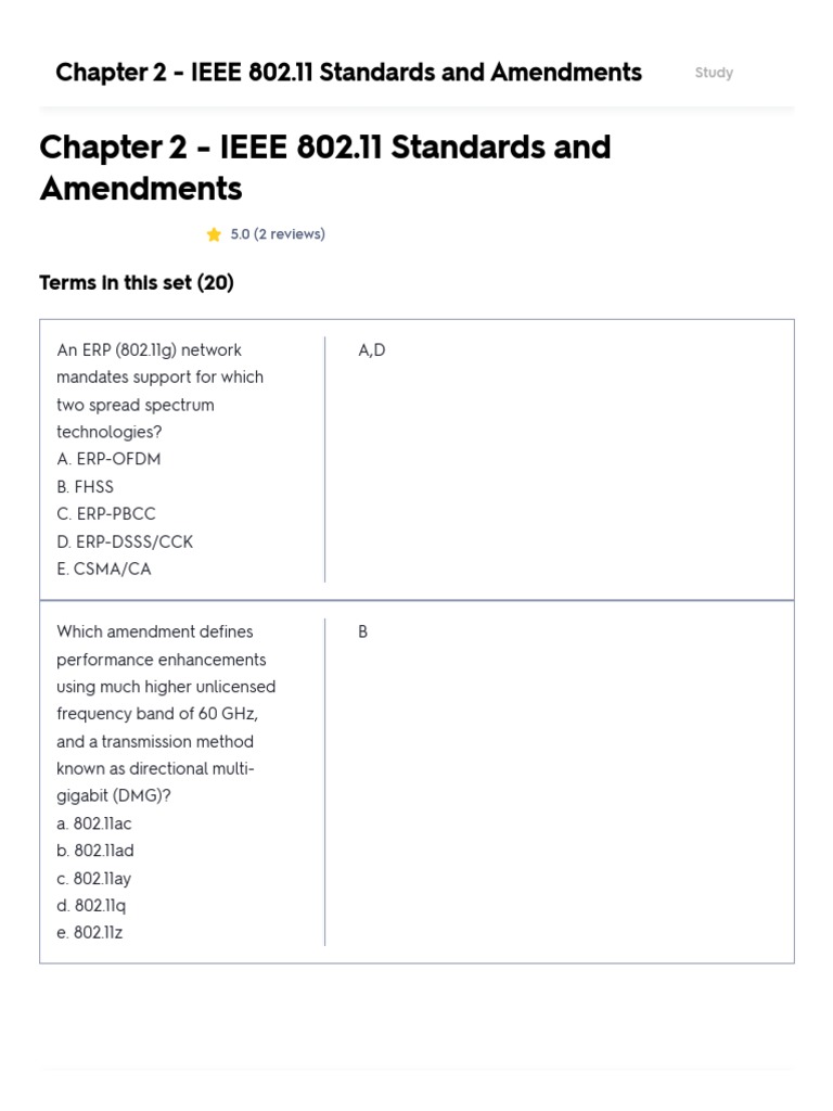 Chapter 2 - IEEE 802.11 Standards and Amendments Flashcards - Quizlet ...