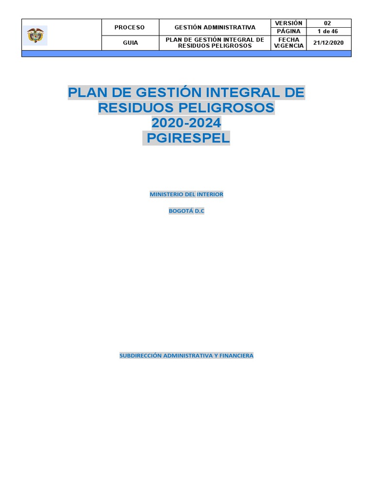 Guia Plan de Gestion Integral de Residuos Peligrosos 2020-2024 | PDF | Residuos | Reciclaje