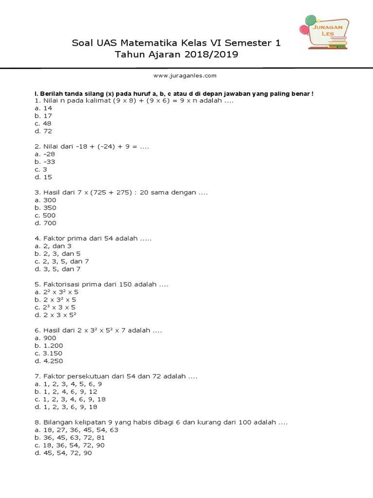 Soal UAS Matematika Kelas 6 Semester 1 Terbaru Tahun 2018 | PDF | Metode & Bahan Ajar | Griya ...