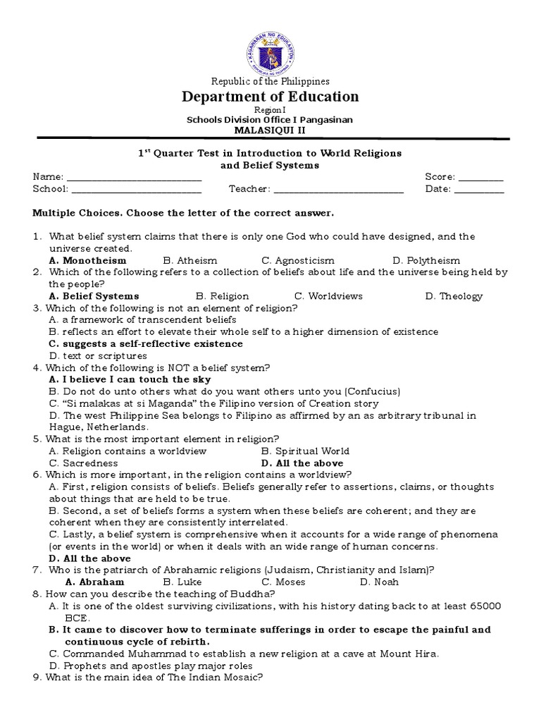 Grade 12 World Religions Test Review | PDF | Abrahamic Religions ...