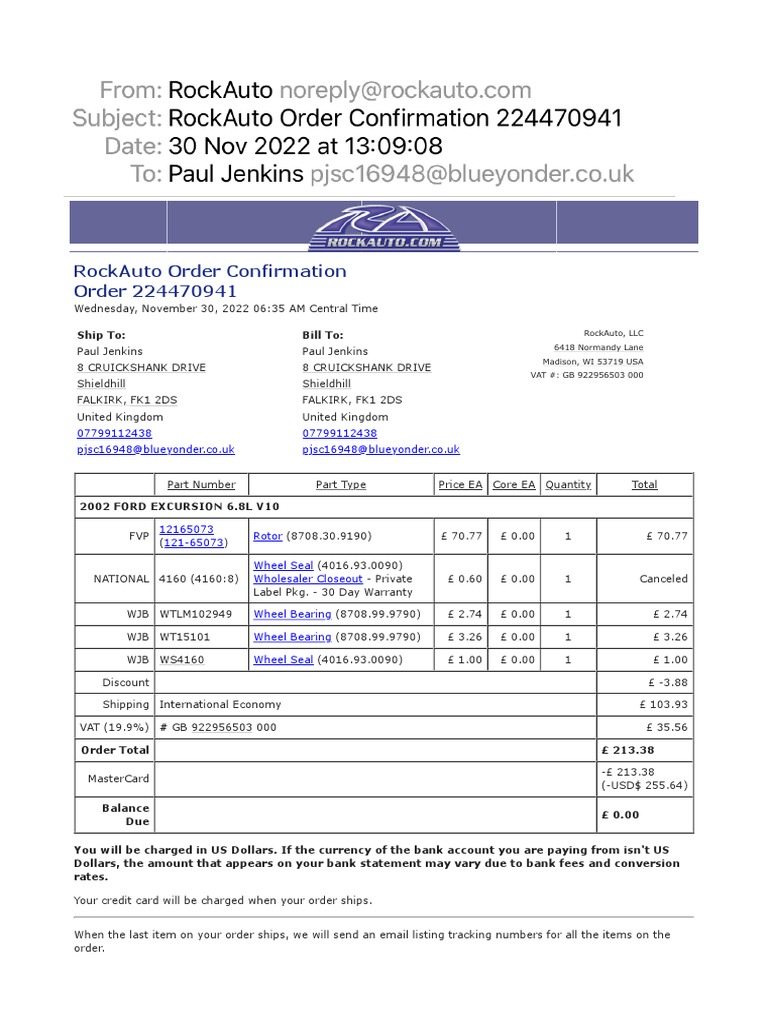 RockAuto Order Confirmation | PDF | Banks | Service Industries