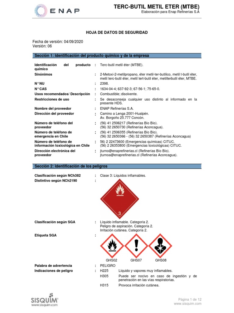 B) Hoja Datos Seguridad MTBE ENAP 15052020 | PDF | Agua | Agua subterránea