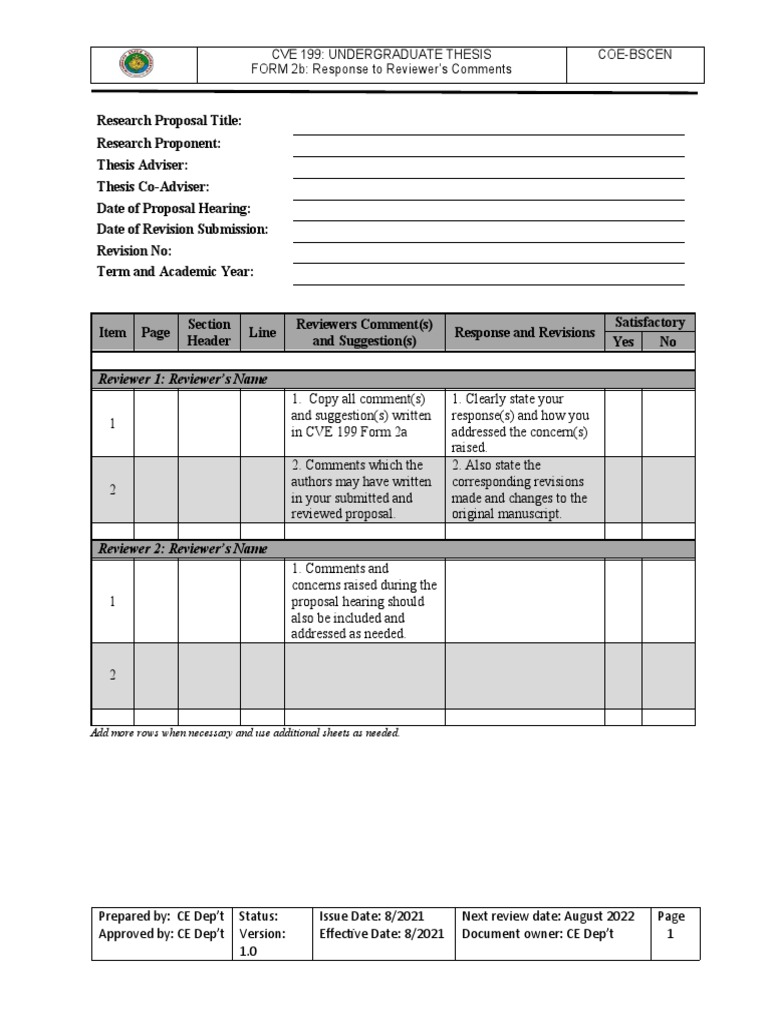 Form 2b Response To Reviewer's Comments | PDF