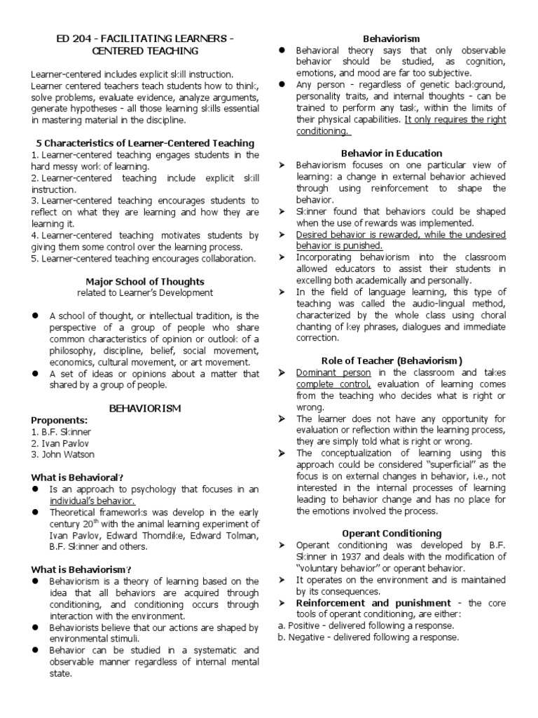 ED 204 Learner-Centered Teaching | PDF | Behaviorism | Learning