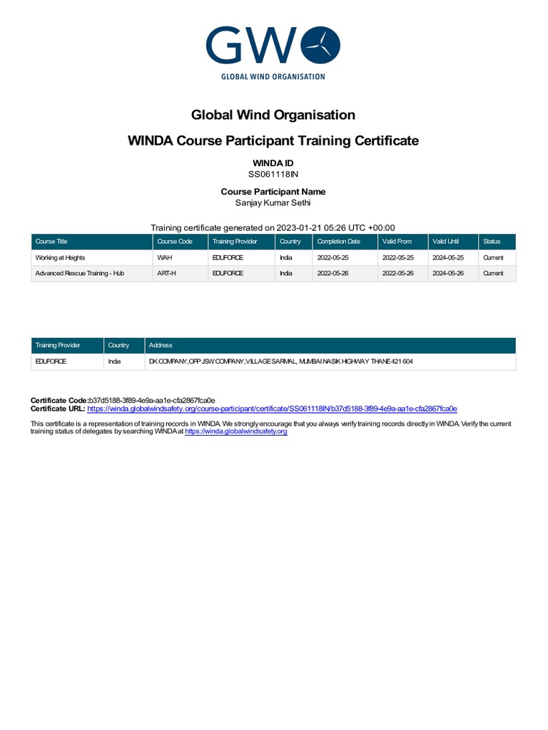 Global Wind Organisation WINDA Course Participant Training Certificate ...