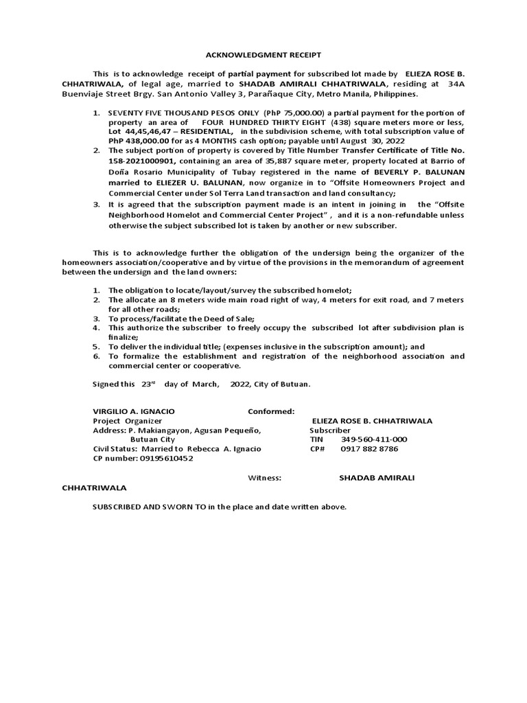 Ack CHHATRIWALA 4 LOTS NO PAYMENT 1 | PDF | Private Law | Property