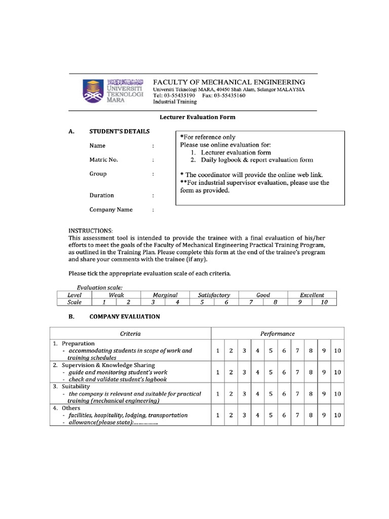 Evaluation Form (Lecturer) | PDF