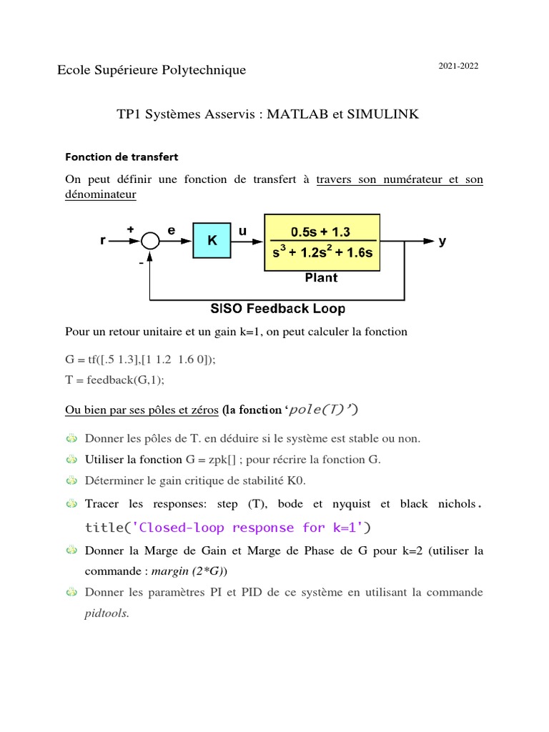 TP Systèmes Asservis avec MATLAB | PDF | Technologie et ingénierie