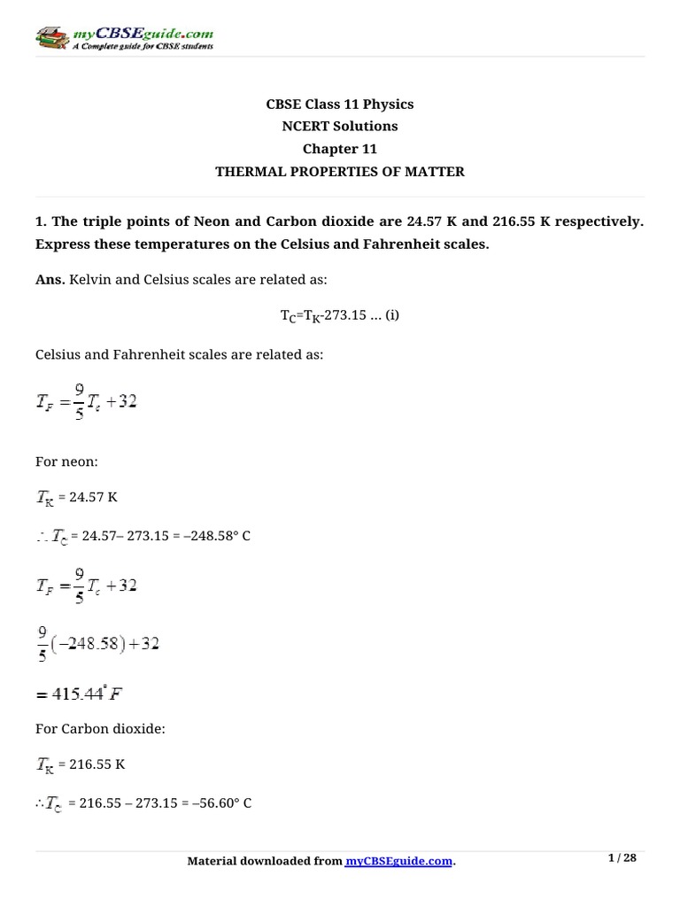 11 Physics Ncert Ch11 Thermal Properties of Matter Part 01 Ques | PDF | Phase (Matter) | Thermal ...