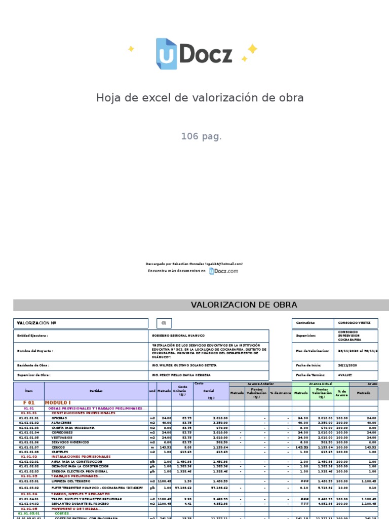 Hoja de Excel de Valorizacion de Obra 257359 Downloable | PDF | Materiales | Construyendo tecnología