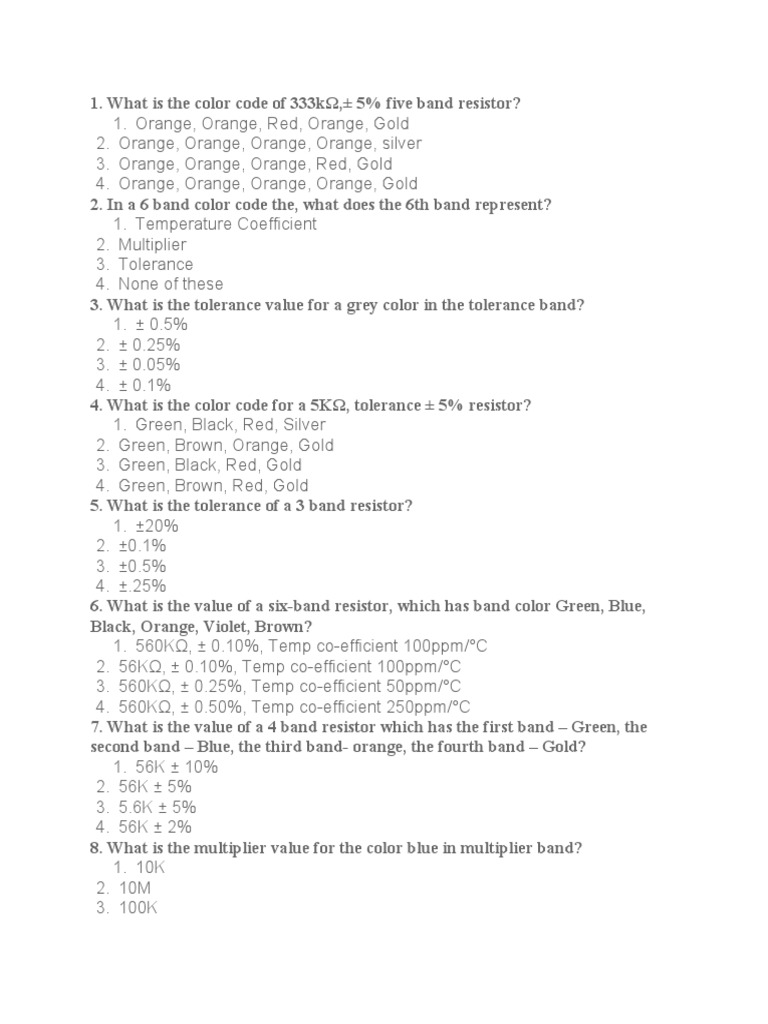 Resistor Color Code Quiz and Answers | PDF