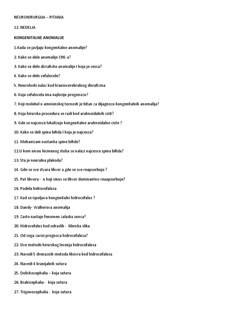 NEUROHIRURGIJA I GRUDNA HIRURGIJA Pitanja | PDF