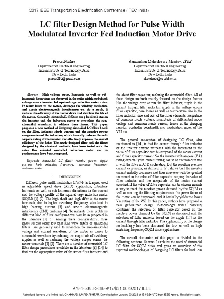 LC Filter Design Method For Pulse Width Modulated Inverter Fed ...