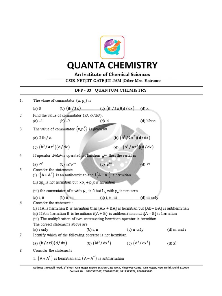 TH Ih / 2 Ih / 2 D / DX : DPP - 03 Quantum Chemistry | PDF