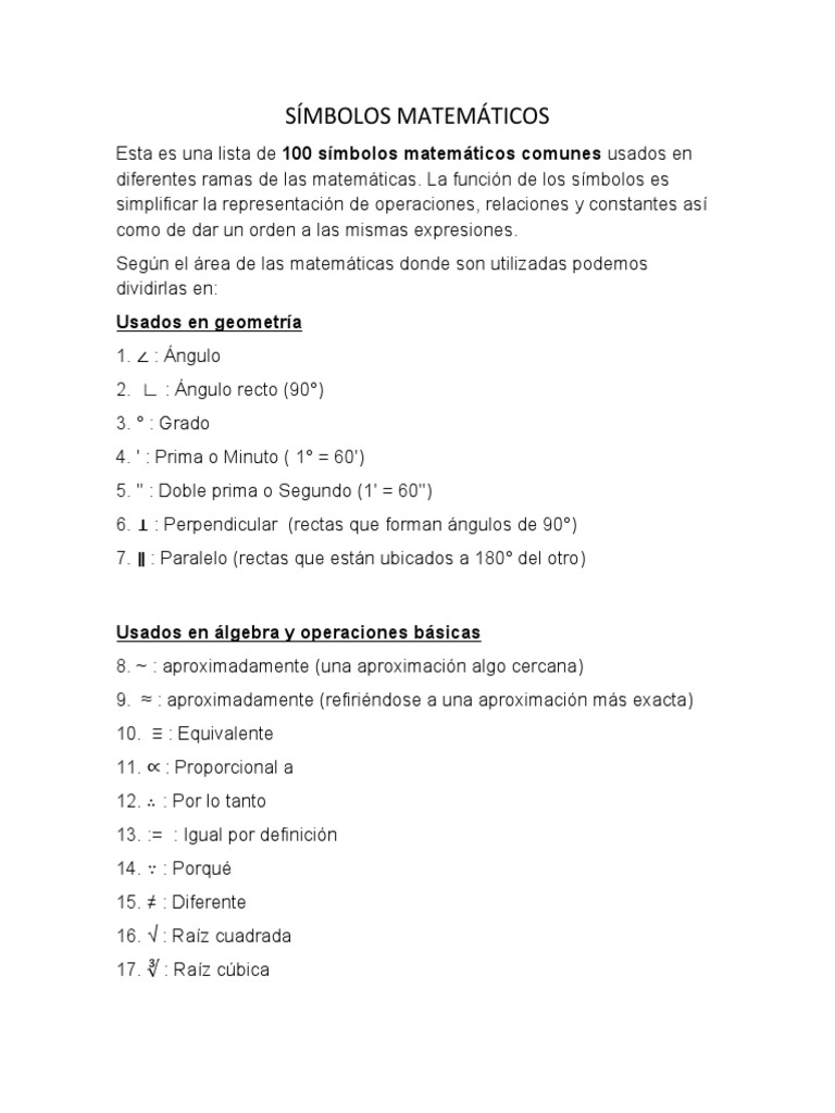 100 Símbolos Matemáticos Comunes | PDF | Raíz cuadrada | Conjunto ...