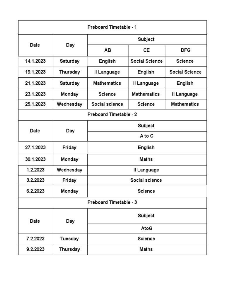 Preboard Exam Timetable 2023 | PDF