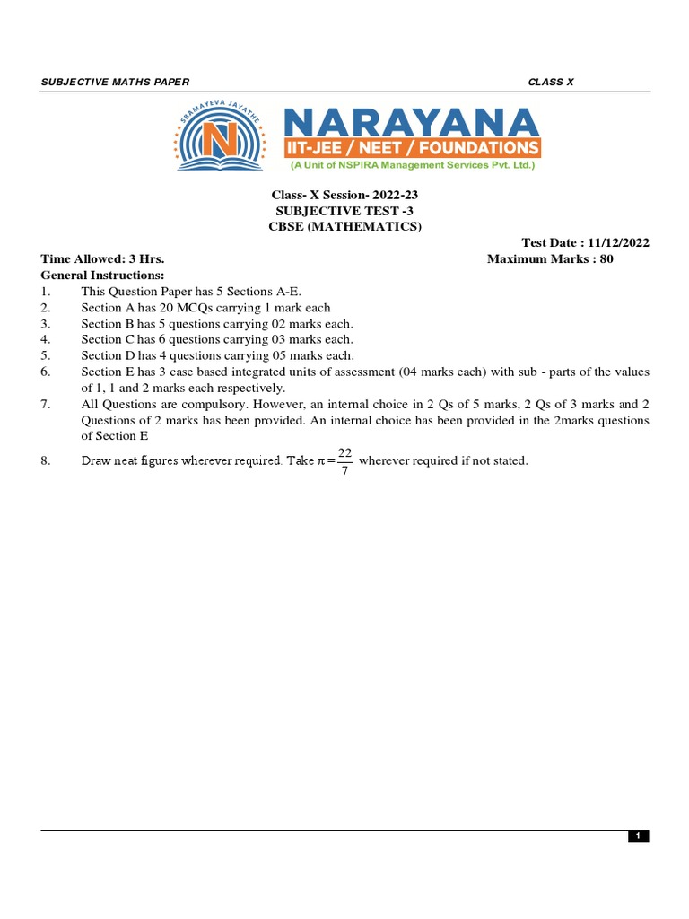 Subjective Test 3 X Maths Mpa 81 Pdf Triangle Circle 9432
