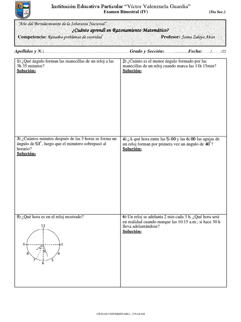 Examen Ivb 5to Sec RM | PDF | Hora | Reloj