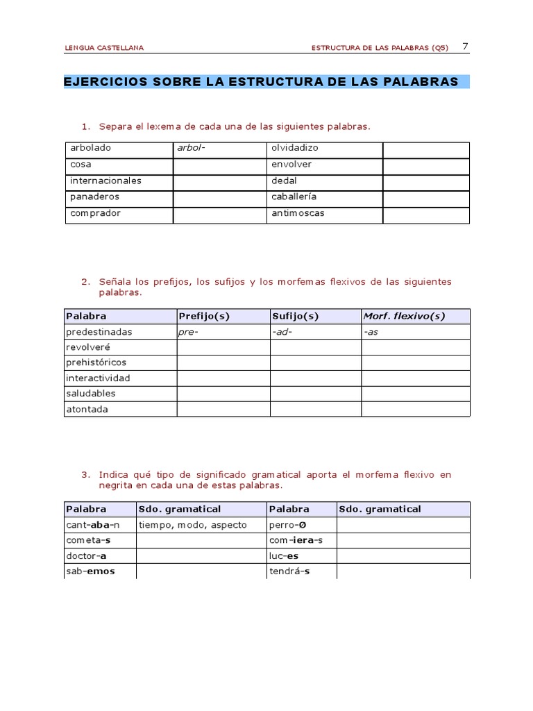 Ejercicios sobre la estructura morfológica de palabras en español | PDF