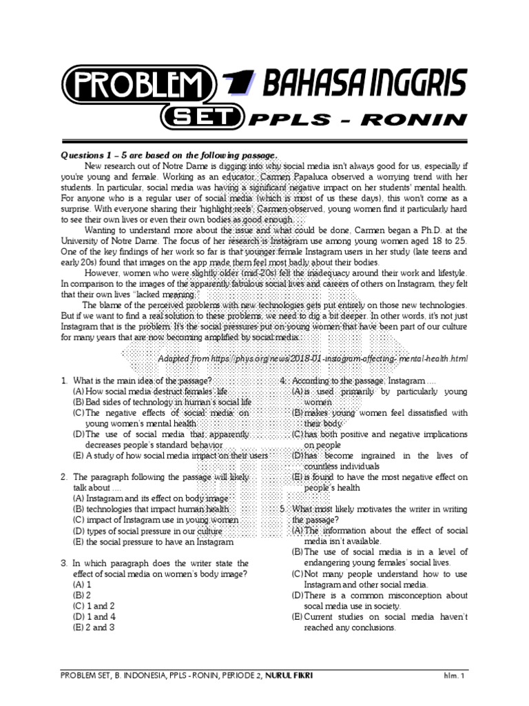 Ps01 Literasi B.inggris Ppls-Ipa s22223 Problem Set 01 | PDF | Obesity ...
