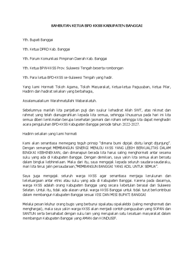 Sambutan Ketua BPD Kkss Kabupaten Banggai | PDF