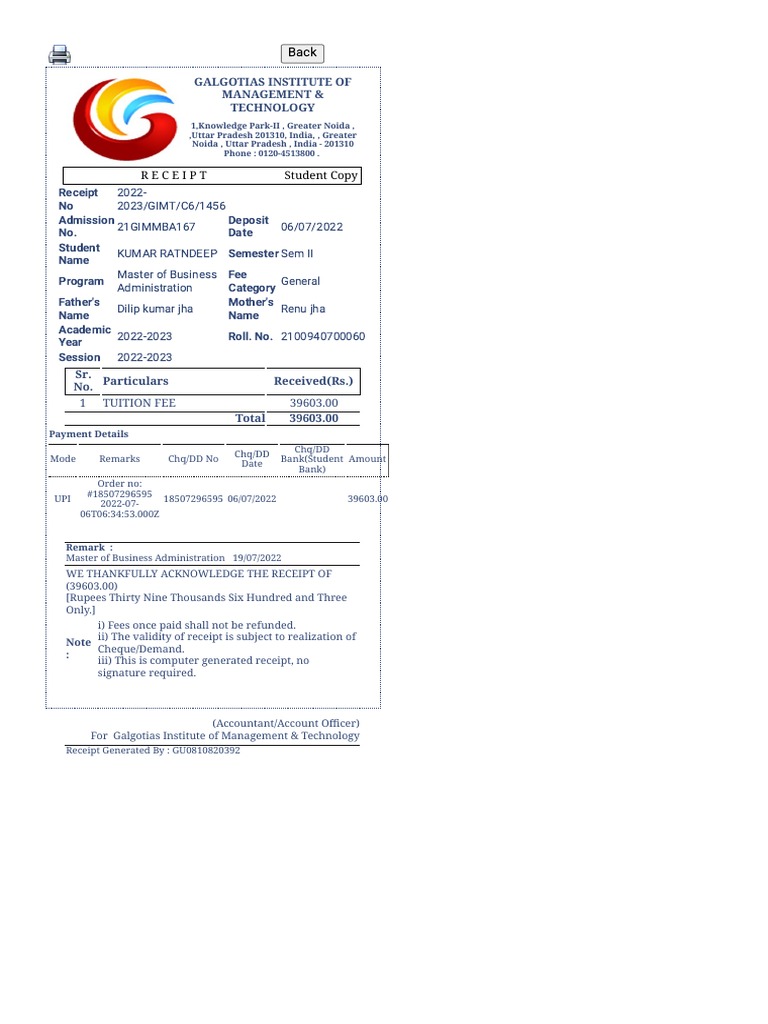 Fees 39603 | PDF | Receipt | Service Industries
