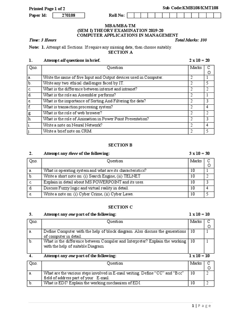 Mba 1 Sem Computer Applications in Management kmb108 2020 | PDF ...