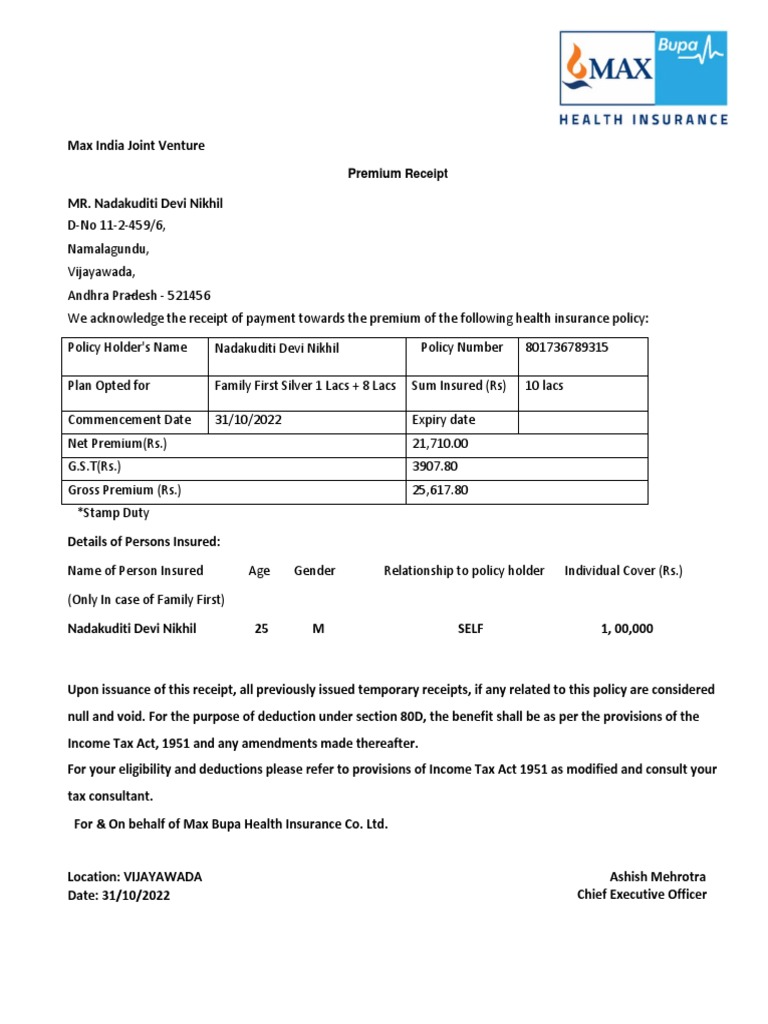 Max India Health Insurance Premium Receipt | PDF