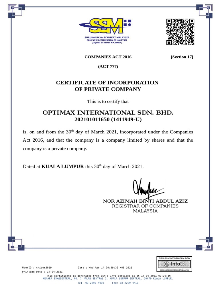 Appendix 4 - Section 17 - Certificate of Incorporation - 30.3.2021 | PDF