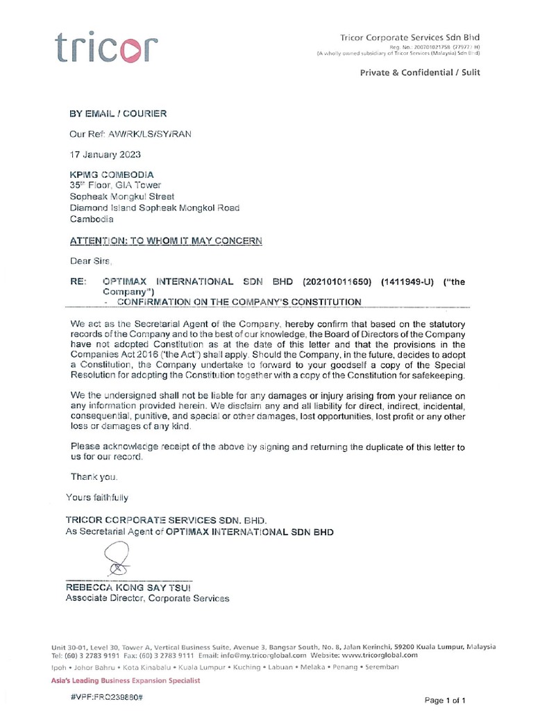 Appendix 3 - Optimax International Letter of Confirmation On Company's ...