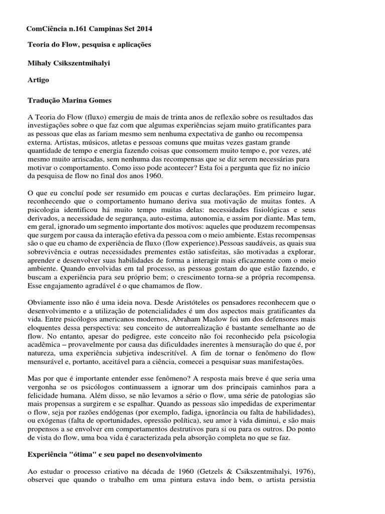 Teoria Do Flow, Pesquisa e Aplicações | PDF | Experiência | Psicologia