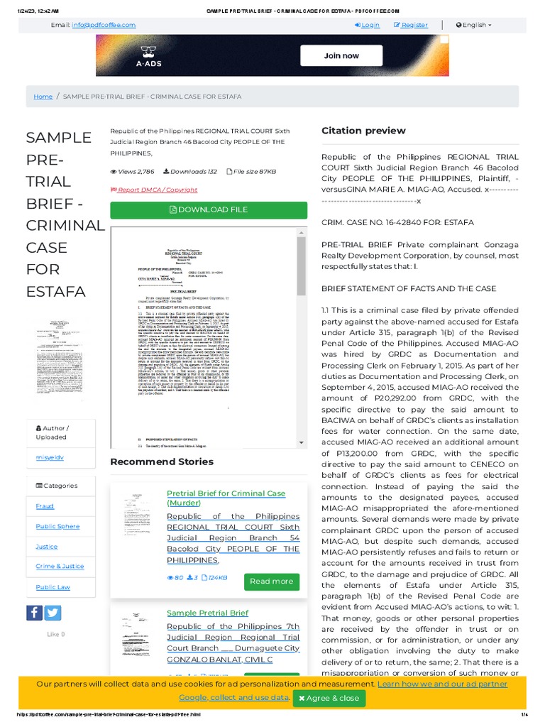 Sample Pre-Trial Brief - Criminal Case For Estafa | PDF | Crimes ...