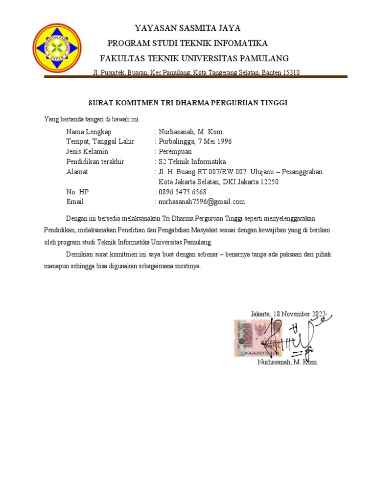 Surat Komitmen Untuk Tri Dharma Perguruan Tinggi | PDF