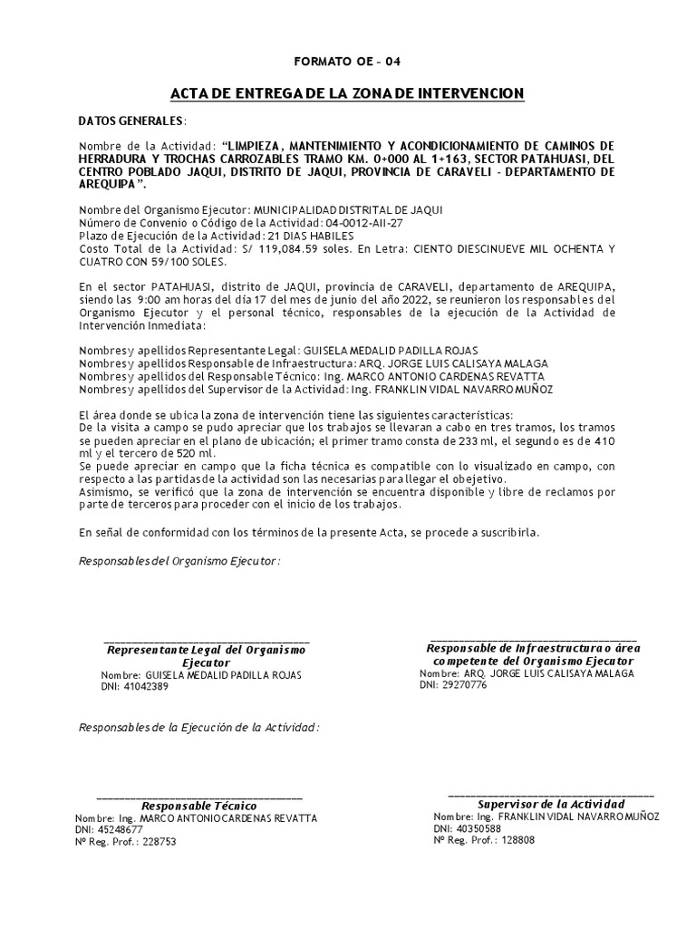 Formato OE-04 (Acta Entrega Zona Intervencion) | PDF