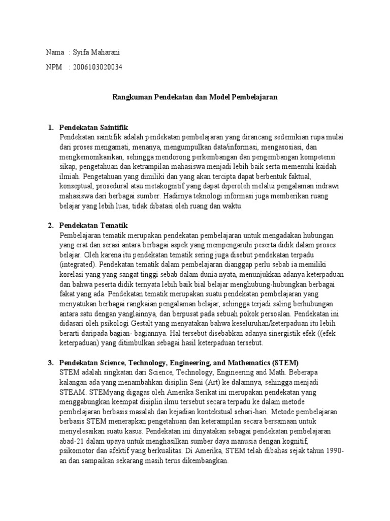 Pendekatan Dan Model Pembelajaran | PDF Pendekatan Dan Model Pembelajaran | PDF