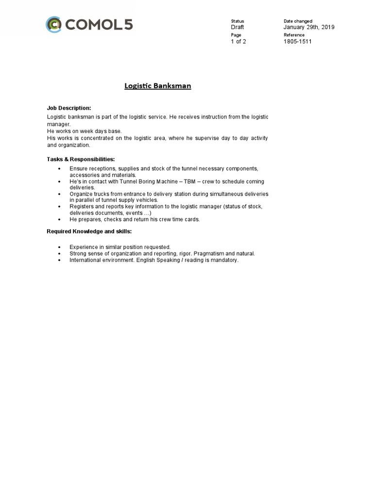 1805-1511 - Job Description Form For Banksman | PDF | Logística ...