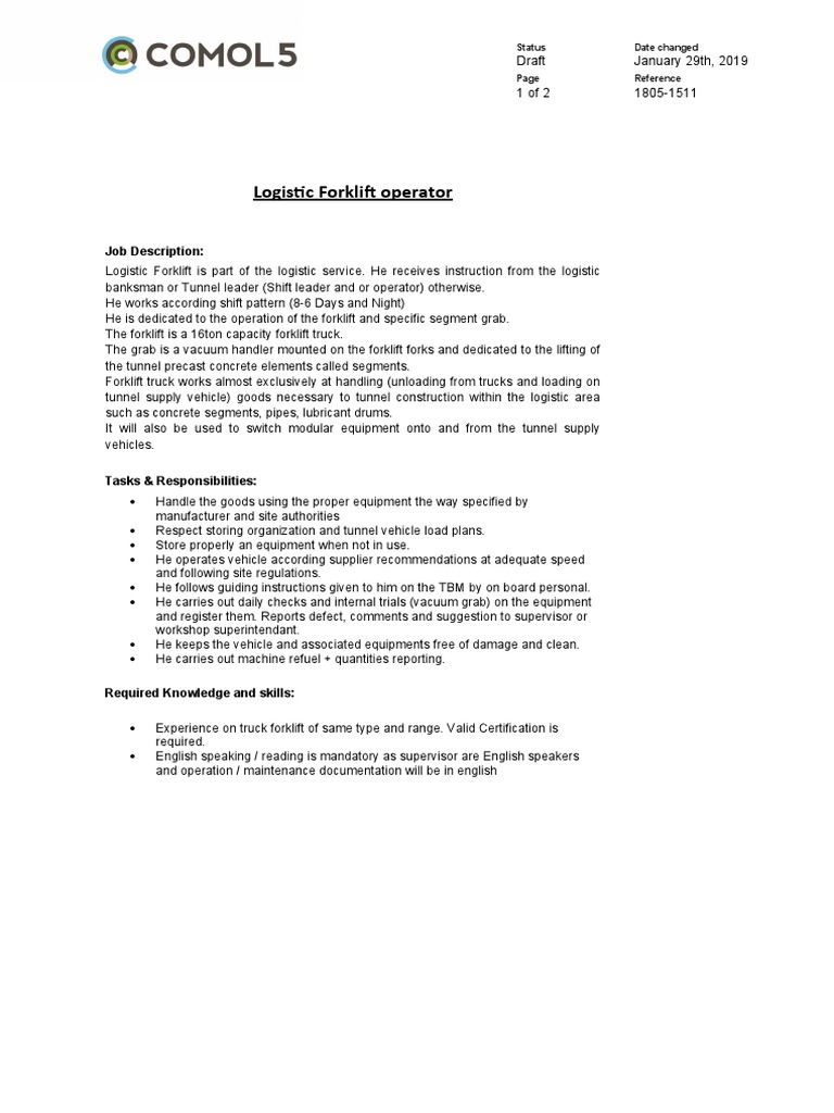 Forklift Operator Job Description | PDF | Forklift | Supply Chain ...
