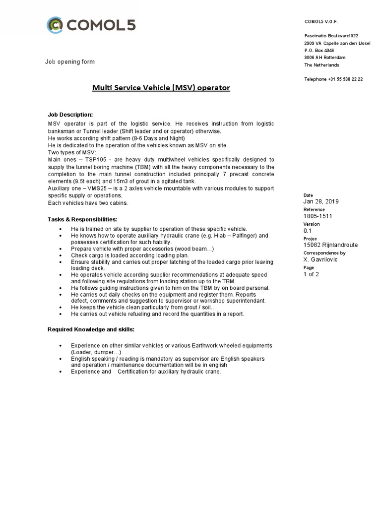 1805-1511 - Job Description Form For MSV Operator | PDF | Transport ...