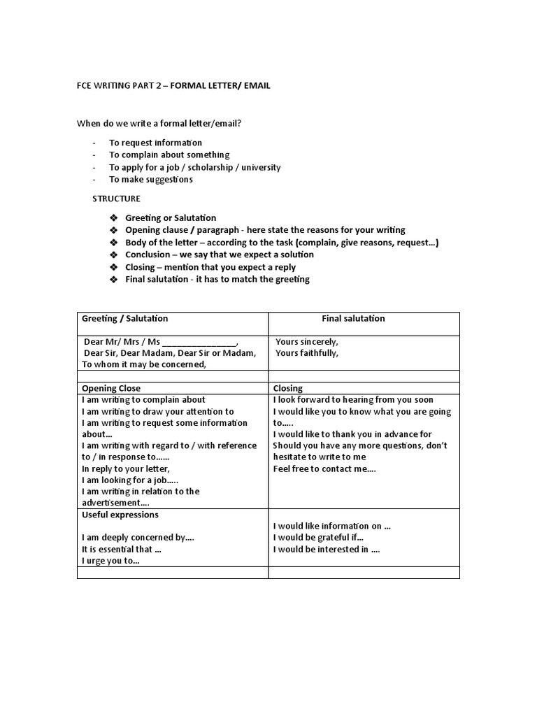 FCE Formal Letter and Email Guide | PDF