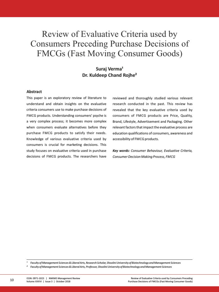 Review of Evaluative Criteria Used by Consumers Preceding Purchase Decisions of Fmcgs | PDF ...