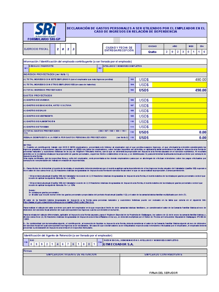 Formulario SRI - GP - 2023 - PROYECCION | PDF | Impuesto sobre la renta ...