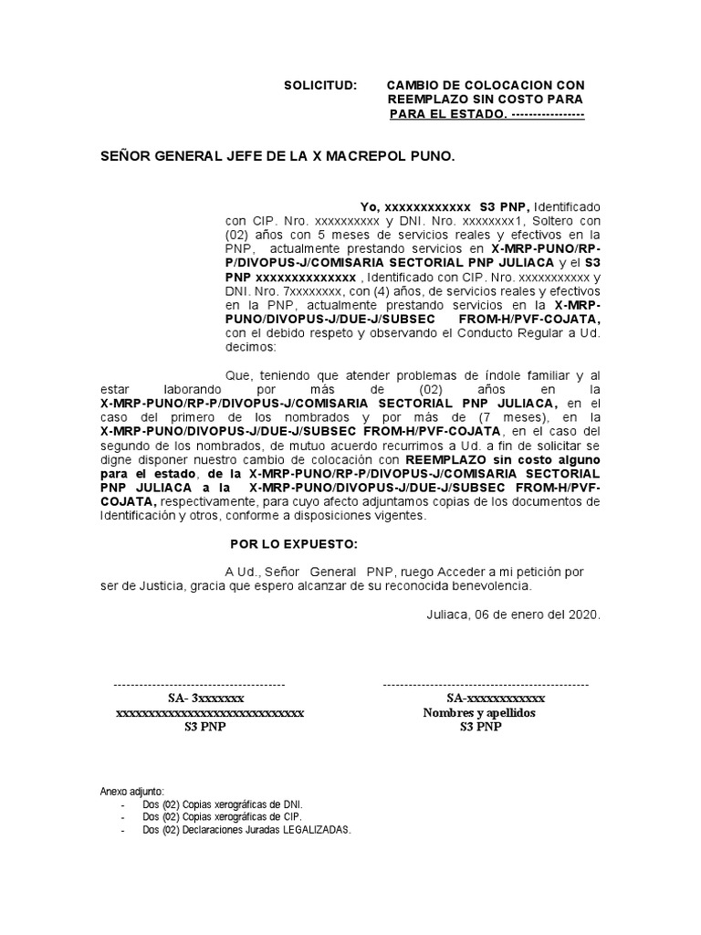Modelo de Solicitud de Permuta en La PNP - Jorge Franco Armaza Deza | PDF