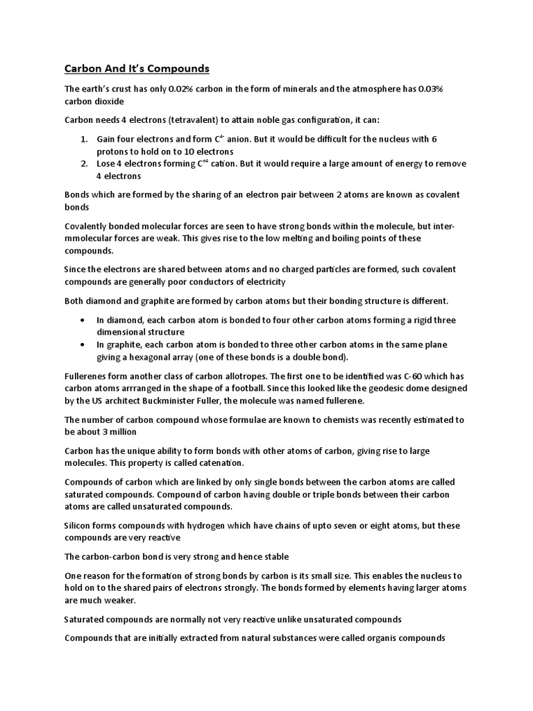 Carbon and Its Compounds | PDF | Carbon | Chemical Bond