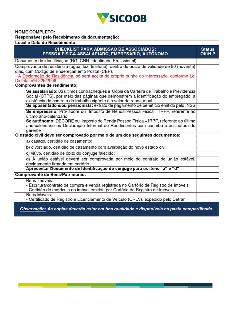 CHECKLIST PF Assalariado Empresário Autônomo | PDF