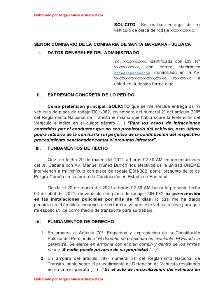 Solicitud para Recojo de Vehiculo en Sede Policial - Jorge Franco ...