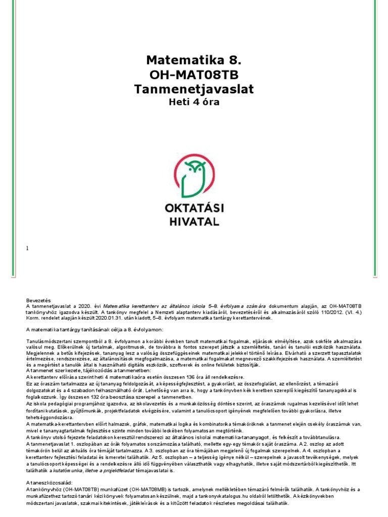 OH-MAT08TB Matematika 8 Tanmenet Heti Negy Oras | PDF